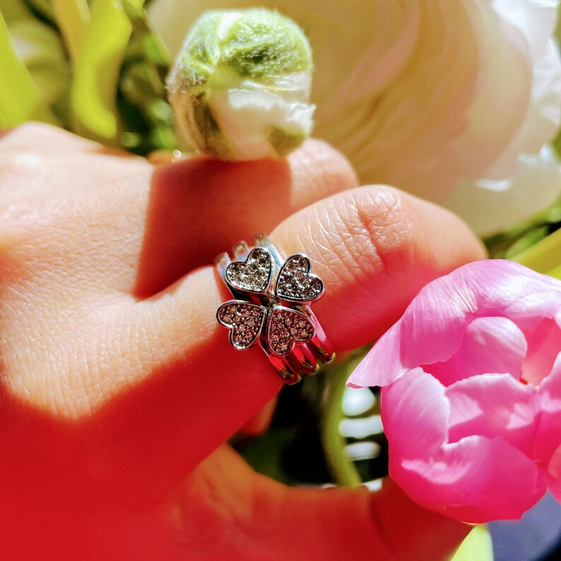 3PCS Stackable Heart Clover Ring Set, Heart Clover Open Ring, Adorned ...