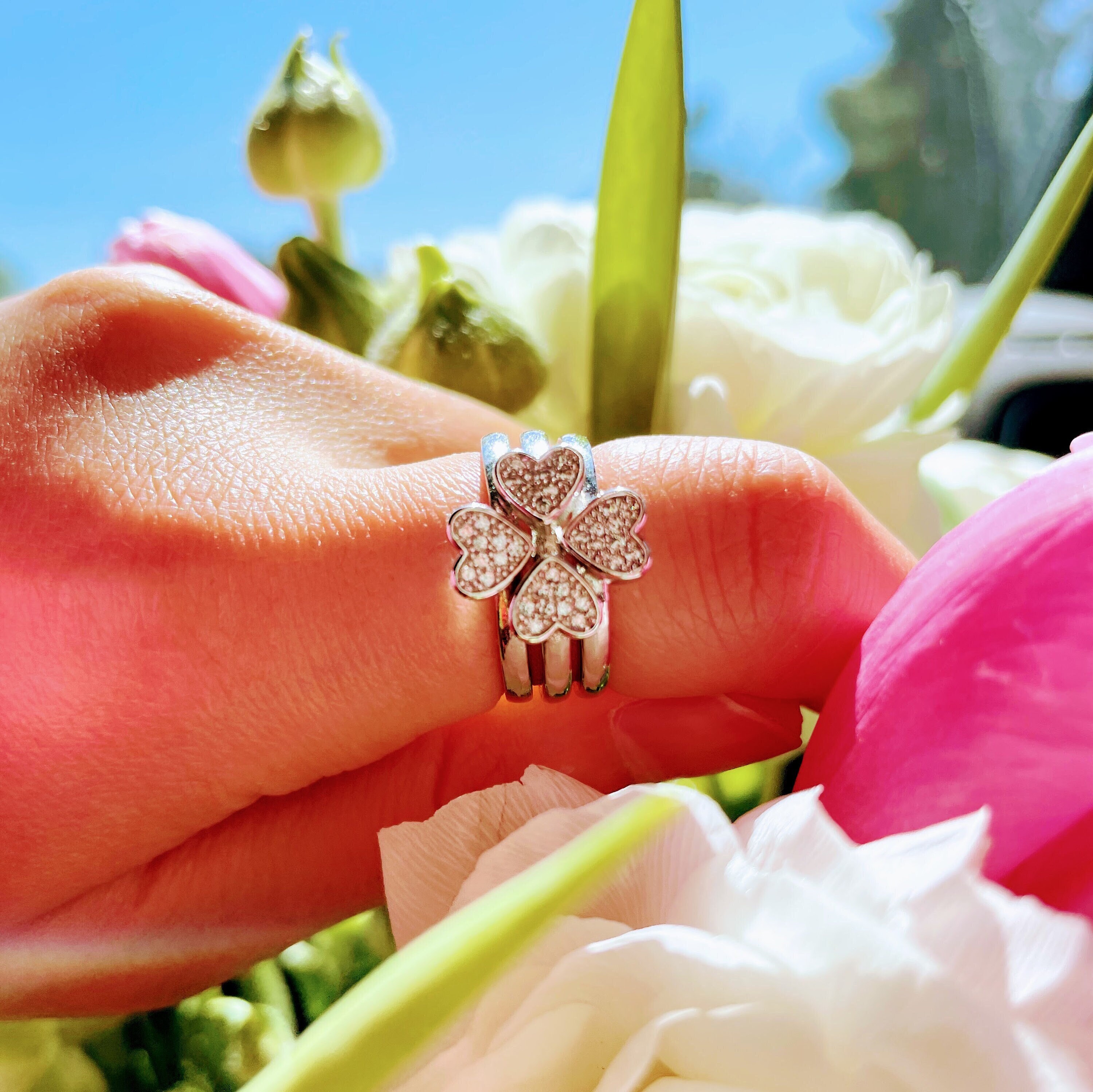 3PCS Stackable Heart Clover Ring Set, Heart Clover Open Ring, Adorned ...