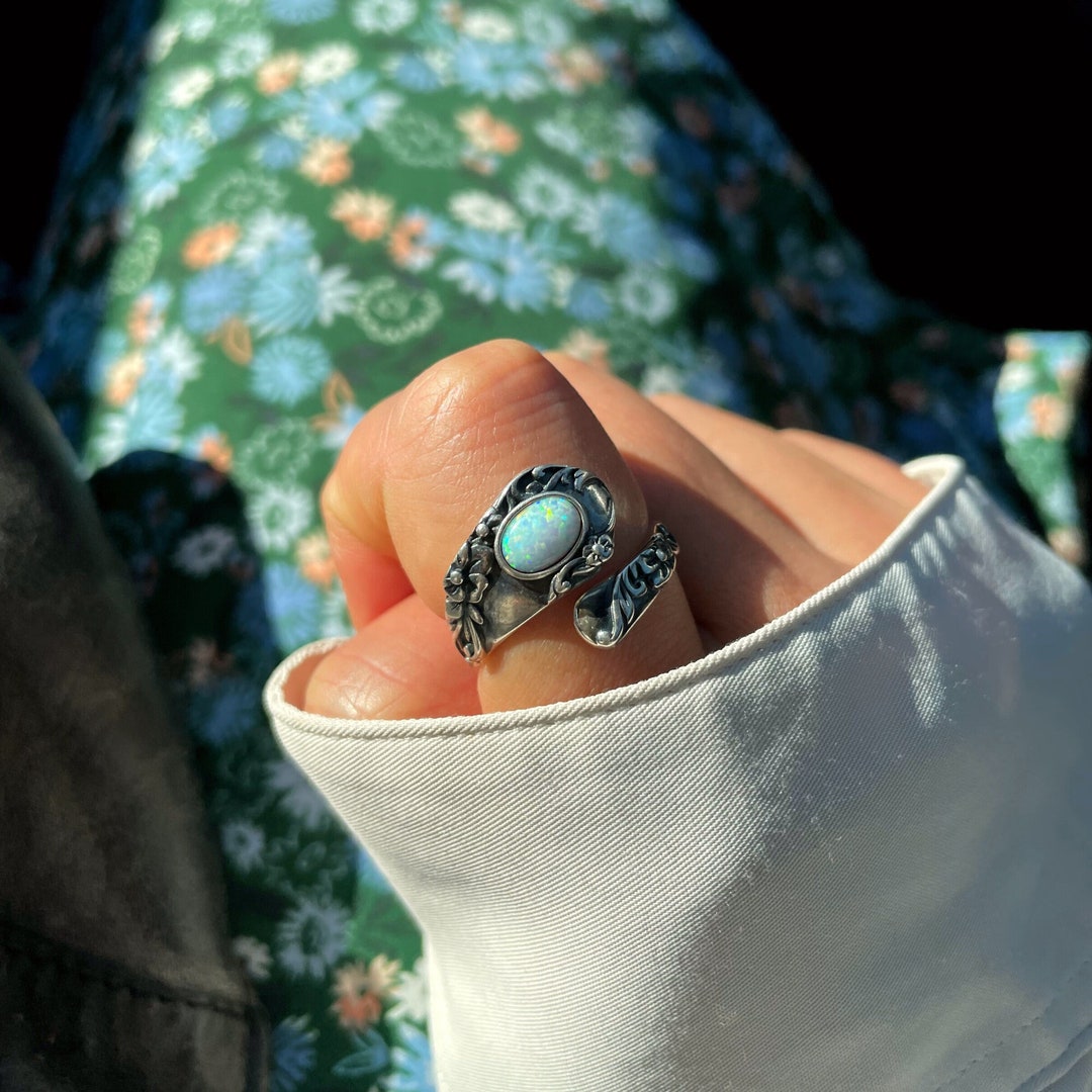 Spoon Ring With Opal in Silver, Boho Ring, Opal Ring, Spoon Ring, Opal ...