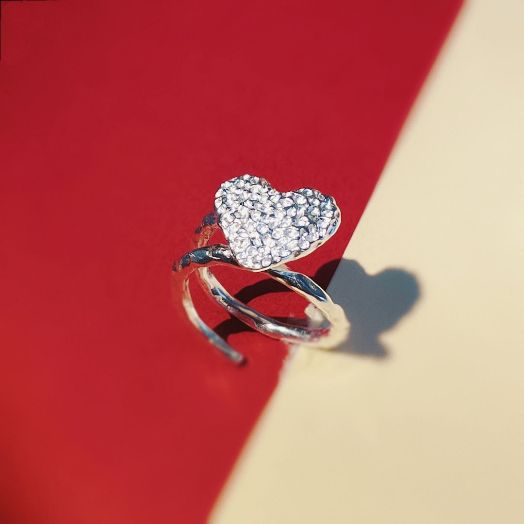 Hammered Sterling Silver Heart Ring: Adjustable Open Band, Gift for Her ...