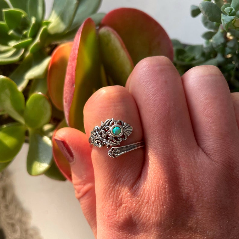 Spoon Ring With Green Opal in Silver, Boho Ring, Stone Ring, Spoon Ring ...
