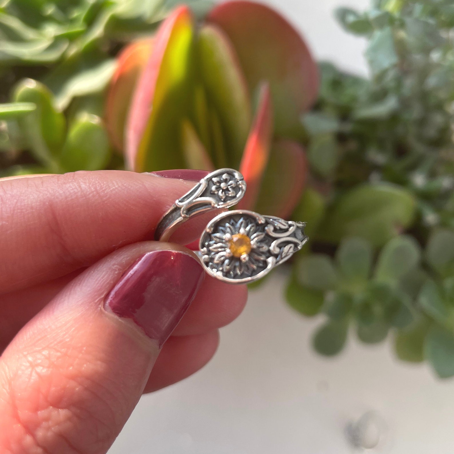 Flower Spoon Ring in Silver, Silver Spoon Ring With Flower, Stone Ring ...