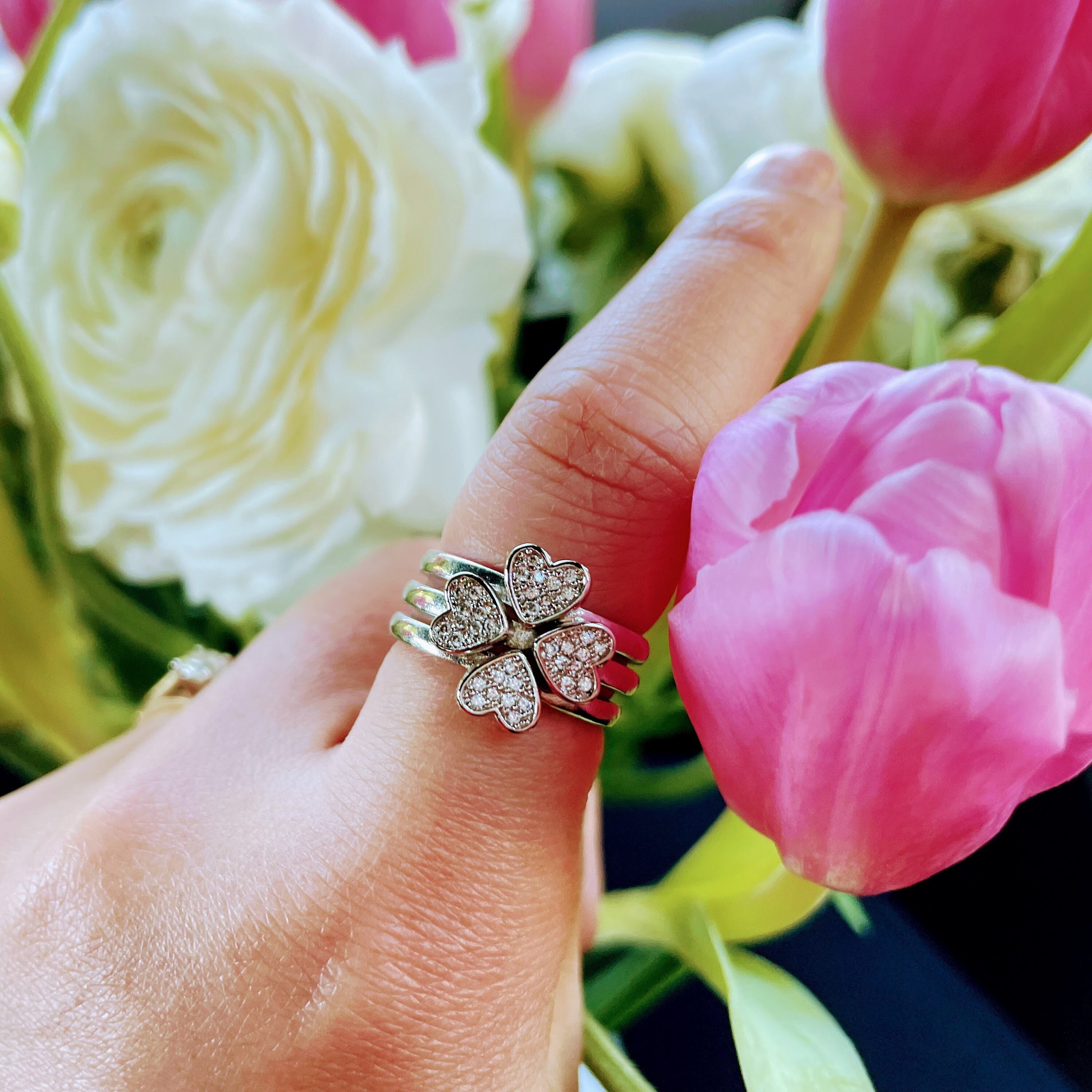 3PCS Stackable Heart Clover Ring Set, Heart Clover Open Ring, Adorned ...