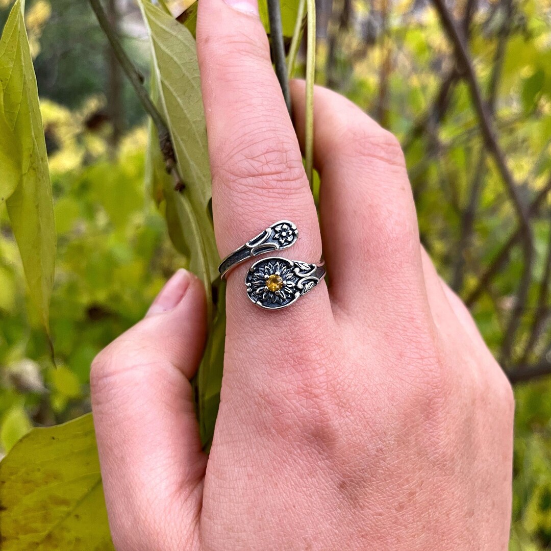 Flower Spoon Ring in Silver, Silver Spoon Ring With Flower, Stone Ring ...