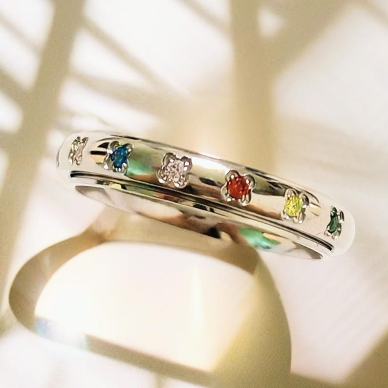 Stainless Steel Rainbow Gemstone Spinner Ring, Anxiety Fidget Ring ...