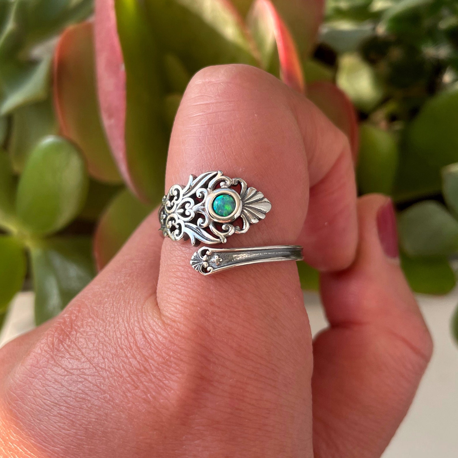 Spoon Ring With Green Opal in Silver, Boho Ring, Stone Ring, Spoon Ring ...