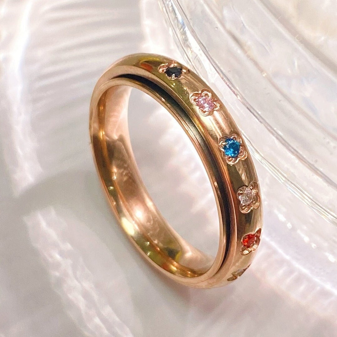 Rainbow Spinner Ring, Gemstone Spinner Ring, Rose Gold Fidget Ring ...