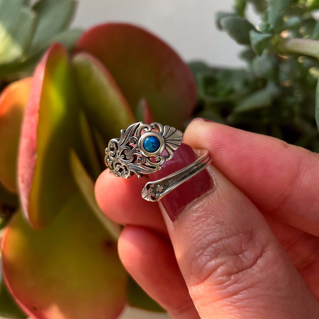 Spoon Ring With Blue Opal in Silver, Boho Ring, Stone Ring, Spoon Ring ...