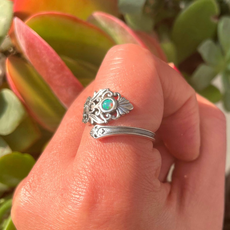 Spoon Ring With Green Opal in Silver, Boho Ring, Stone Ring, Spoon Ring ...
