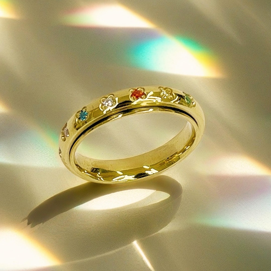 Gold Spinner Ring, Rainbow Gemstone Fidget Band, Stainless Steel ...
