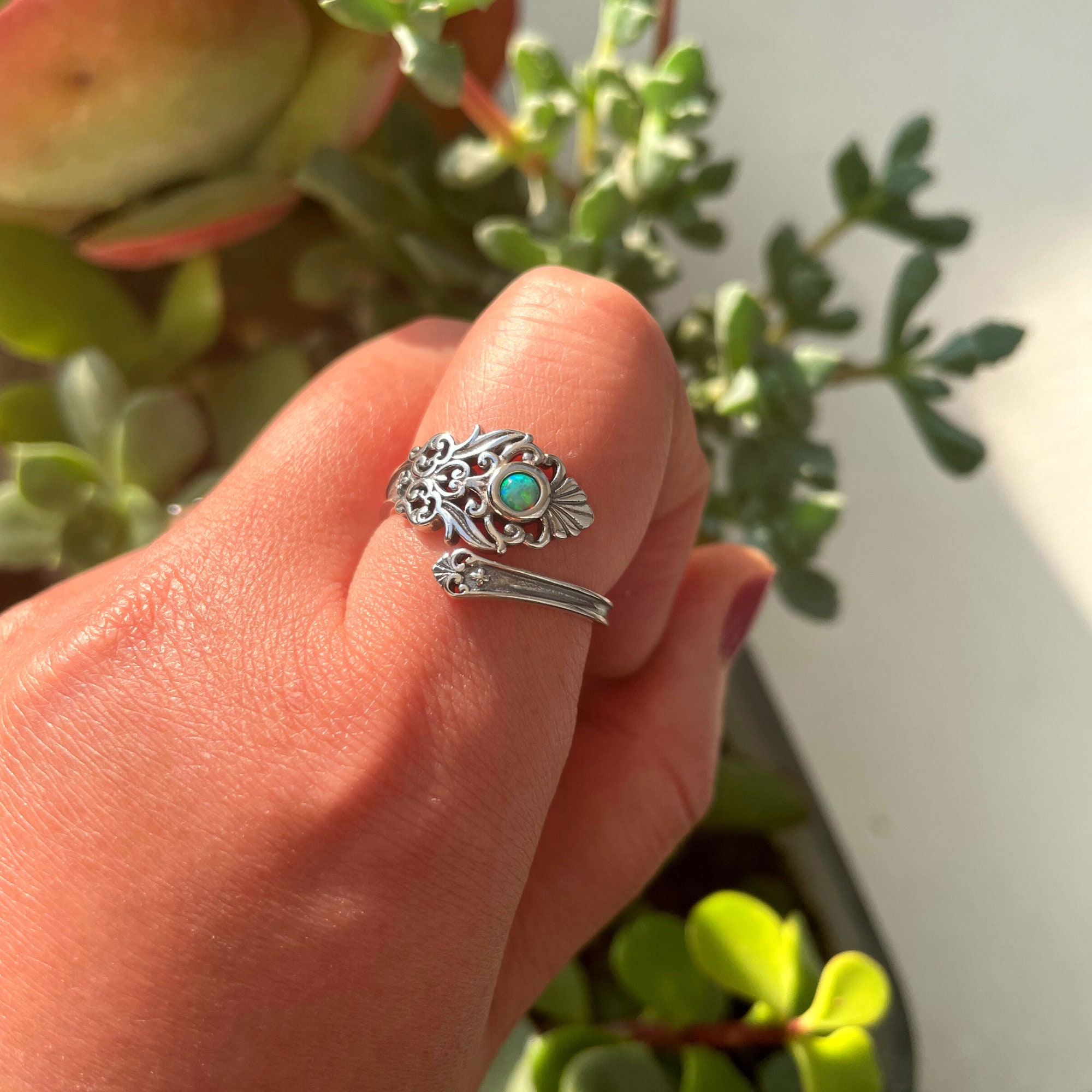 Spoon Ring With Green Opal in Silver, Boho Ring, Stone Ring, Spoon Ring ...