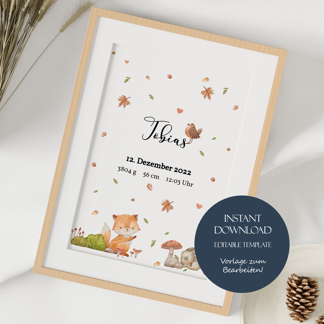 Birth Chart Forest Animals Birth Poster Printable Birth Announcement ...