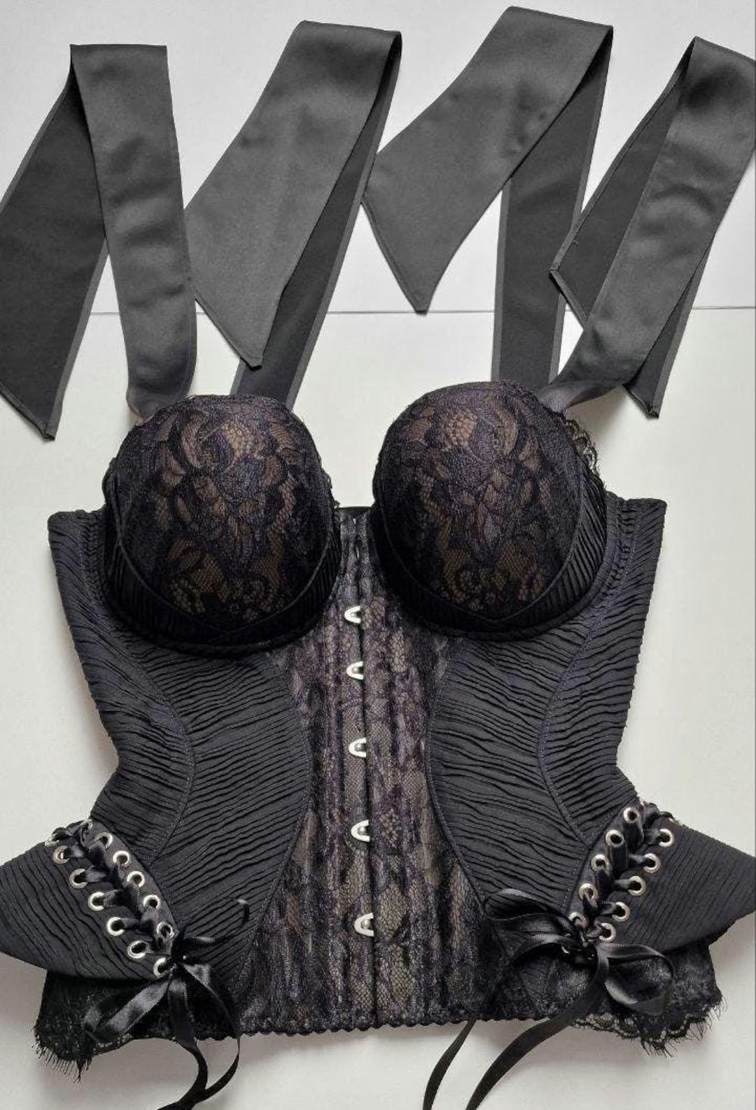 Black Overbust Steel Boned Corset With Cups for Waist Training, Plunge ...