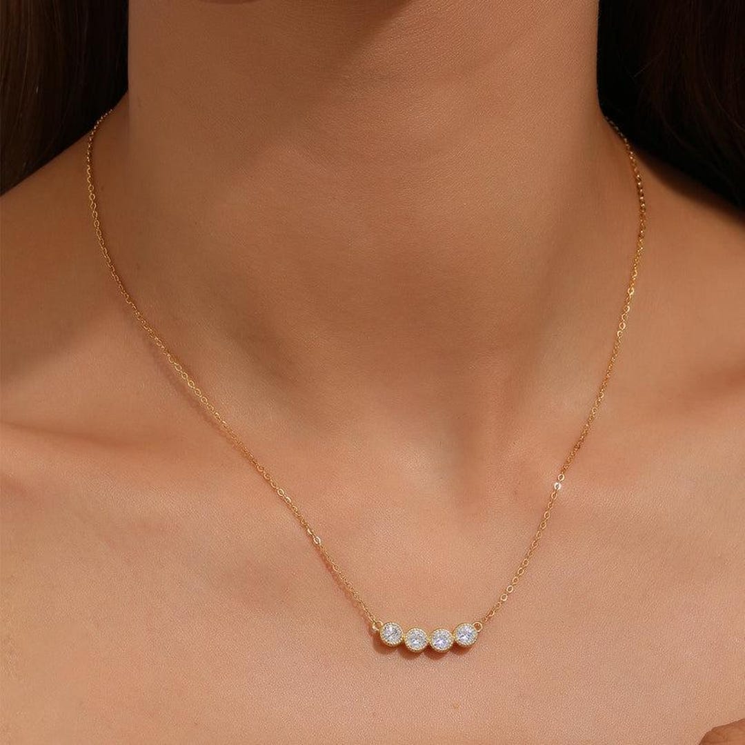 4 Stone Moissanite Bar Necklace, Diamond Bezel Set Necklace, Lab Grown ...