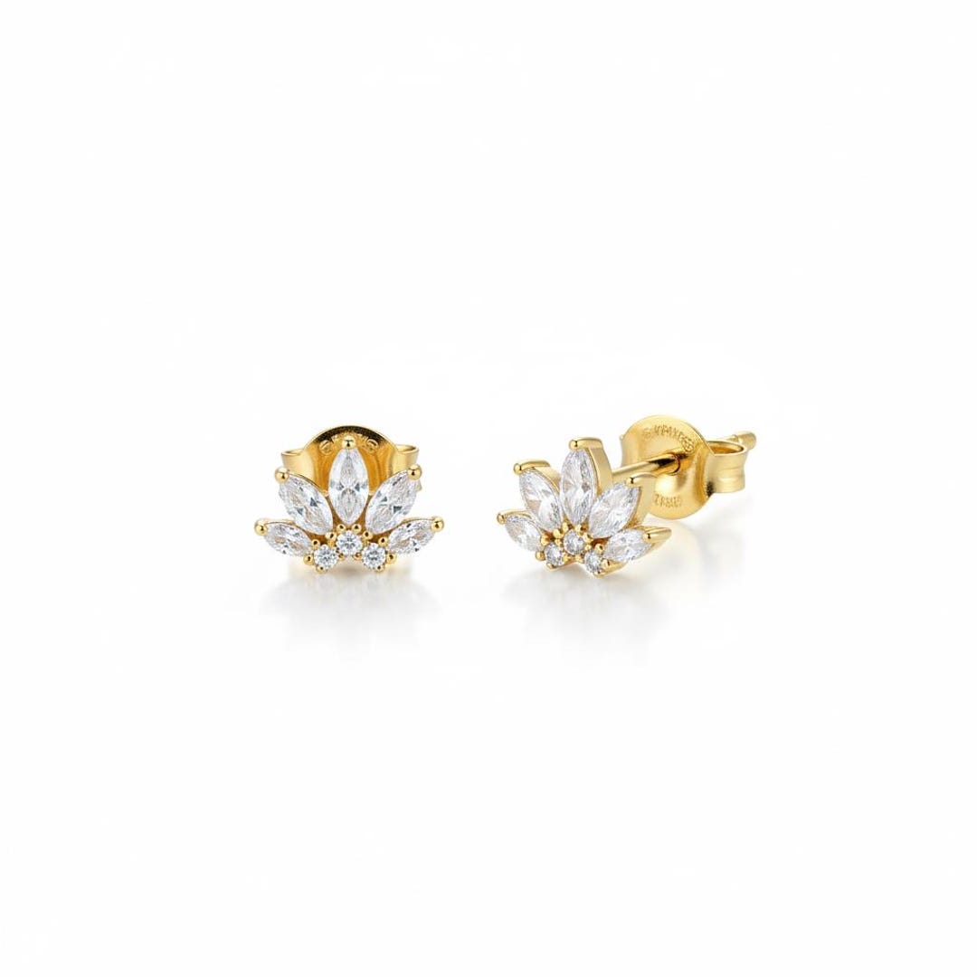Marquise Cut Moissanite Lotus Flower Stud Earrings in 14K Gold Tiny ...