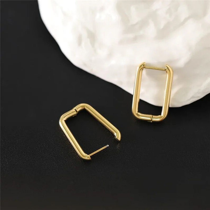 14K Gold Rectangular Hoop Earrings, Dainty U Shape Earrings, Geometric ...