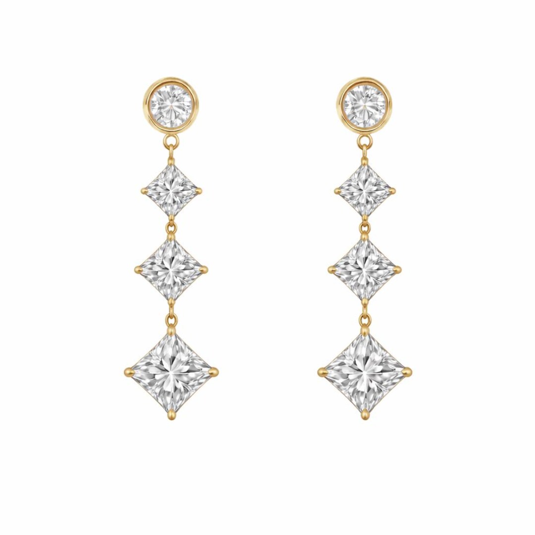 14K Gold Dangling Princess Cut Moissanite Front Back Earrings Diamond ...
