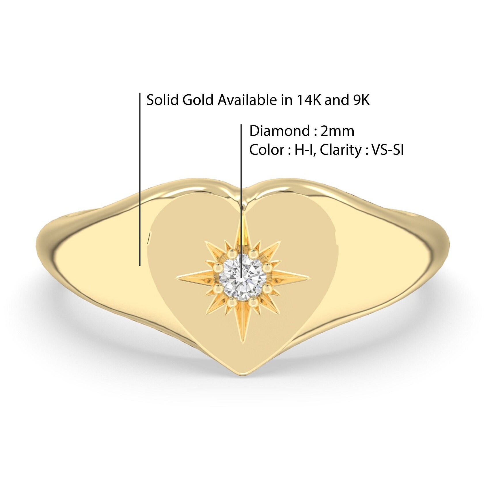 Signet Ring, Star Signet Ring, Heart Signet Ring, Star Ring, Gold ...