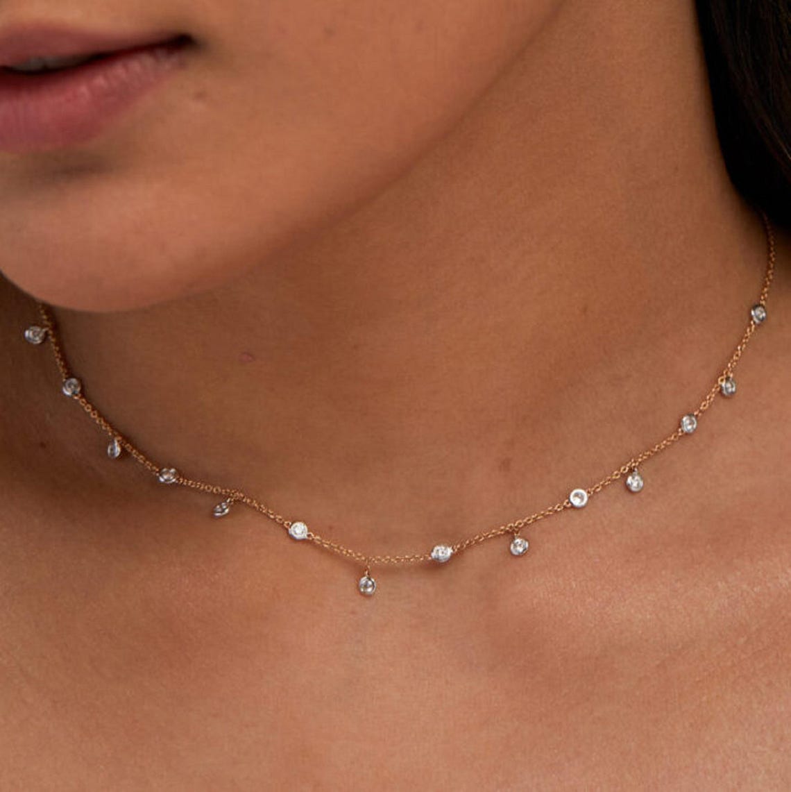 Dainty Diamond Station Necklace, 14K Gold Drop Diamond Necklace, Bezel ...