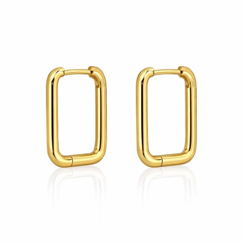 14K Gold Rectangular Hoop Earrings, Dainty U Shape Earrings, Geometric ...