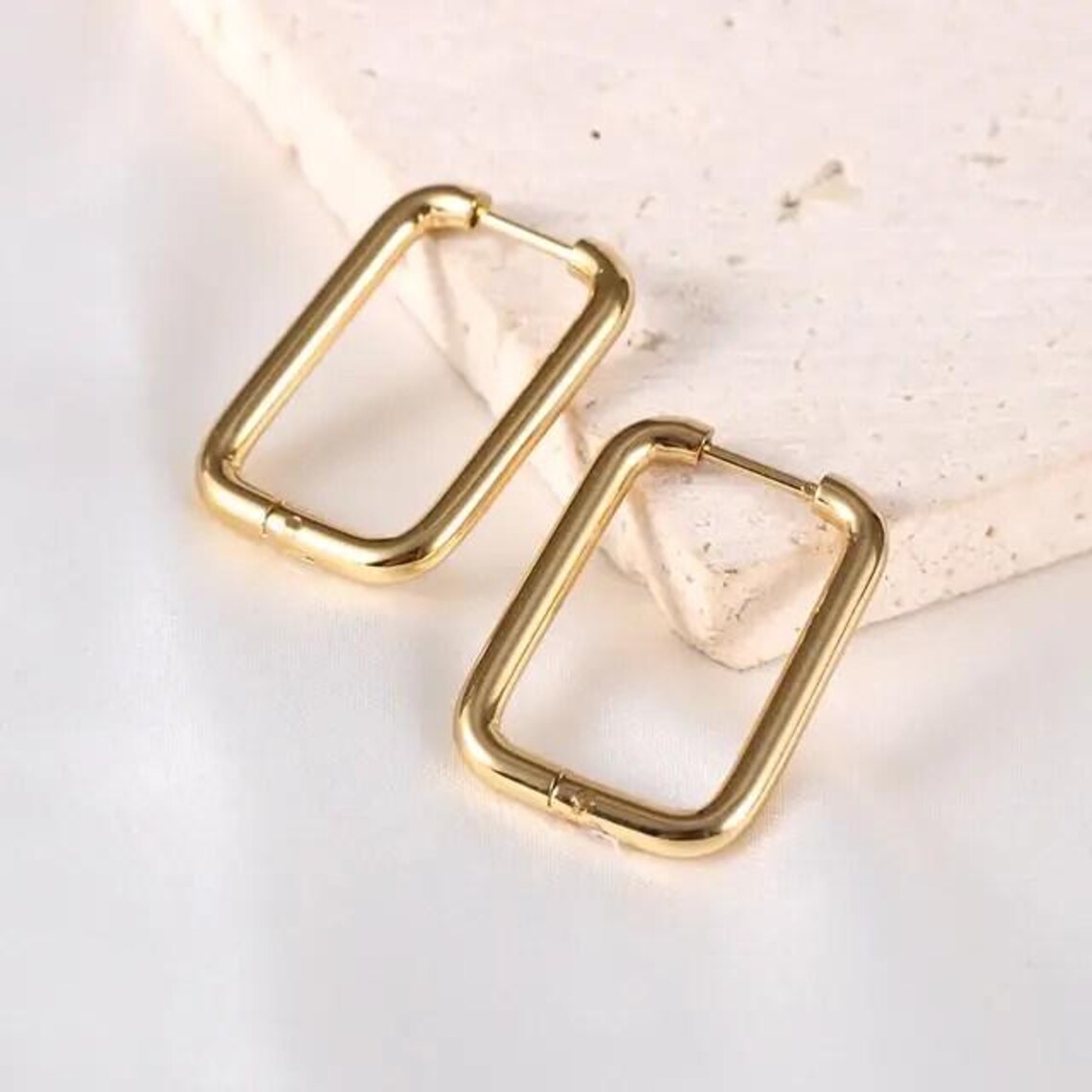 14K Gold Rectangular Hoop Earrings, Dainty U Shape Earrings, Geometric ...