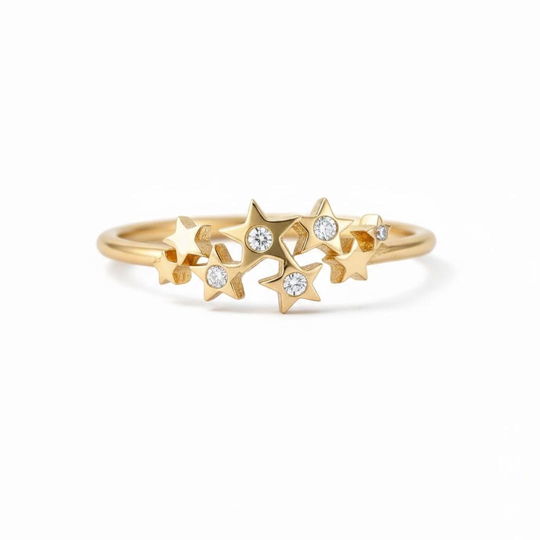 Lab Grown Diamond North Star Ring, 14K Gold Celestial Starburst Ring ...