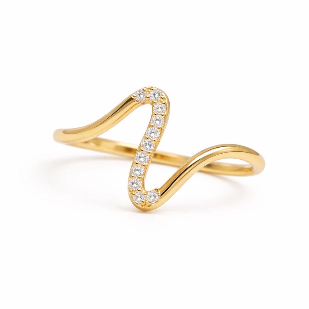 14K Solid Gold Moissanite Diamond Wave Ring Dainty Chevron Curved Wave ...