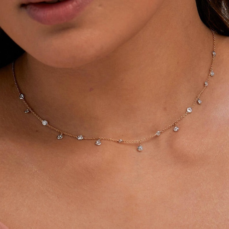 Dainty Diamond Station Necklace, 14K Gold Drop Diamond Necklace, Bezel ...