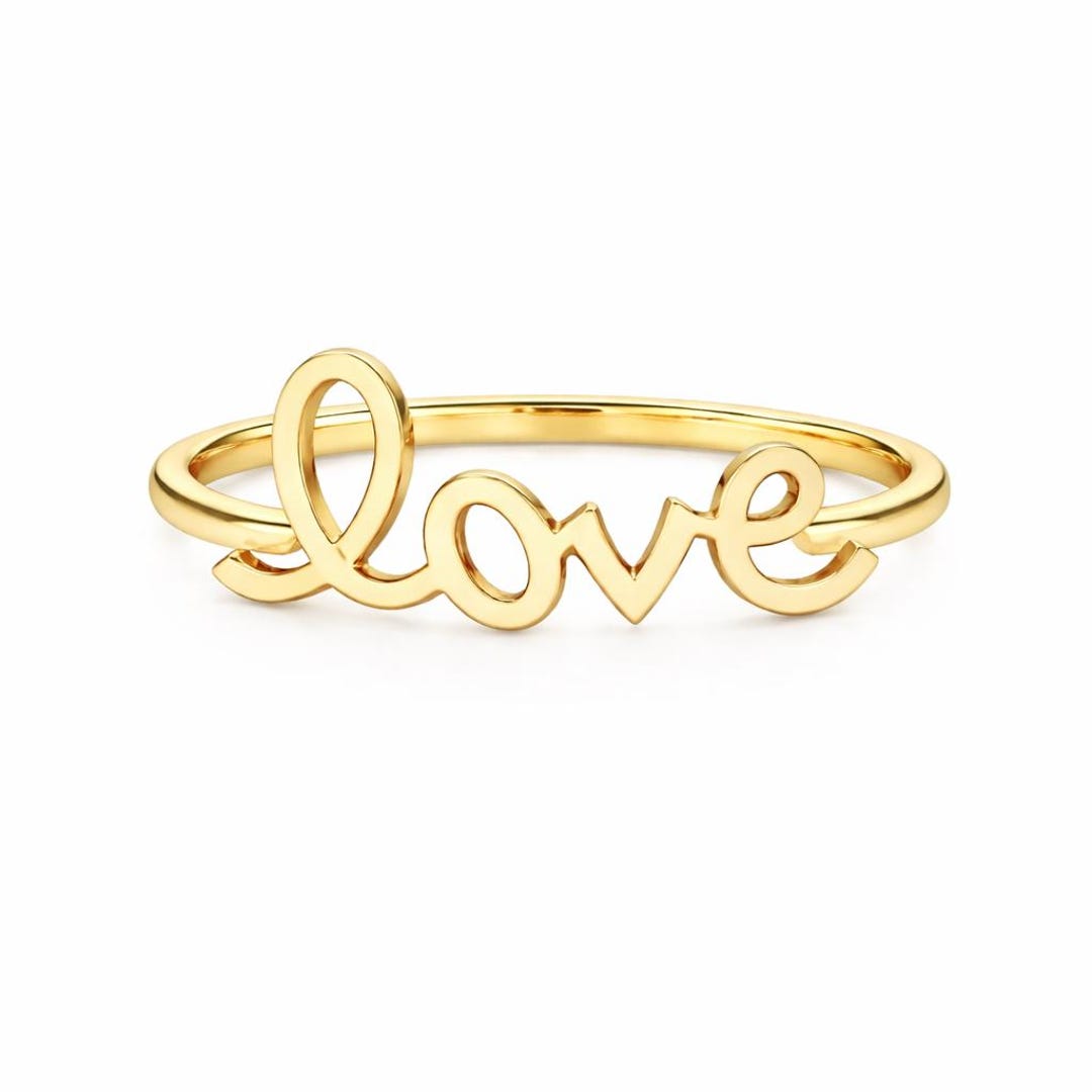 Love Ring in 14K Solid Gold, Cursive Love Script Band, Minimalist ...