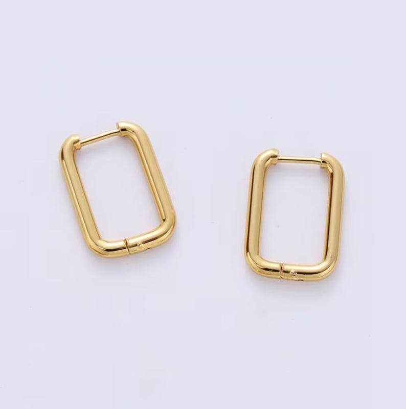 14K Gold Rectangular Hoop Earrings, Dainty U Shape Earrings, Geometric ...