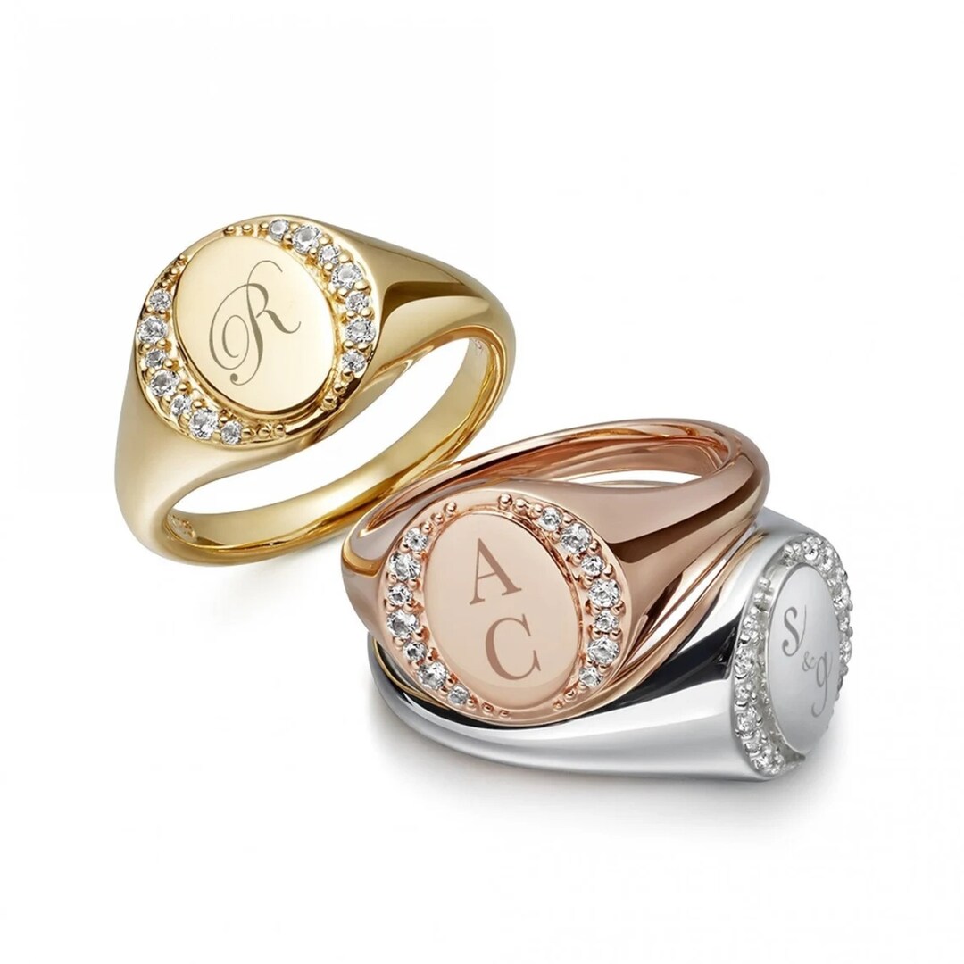 14K Gold Initial Oval Signet Ring, Personalized Moissanite Initial Ring ...