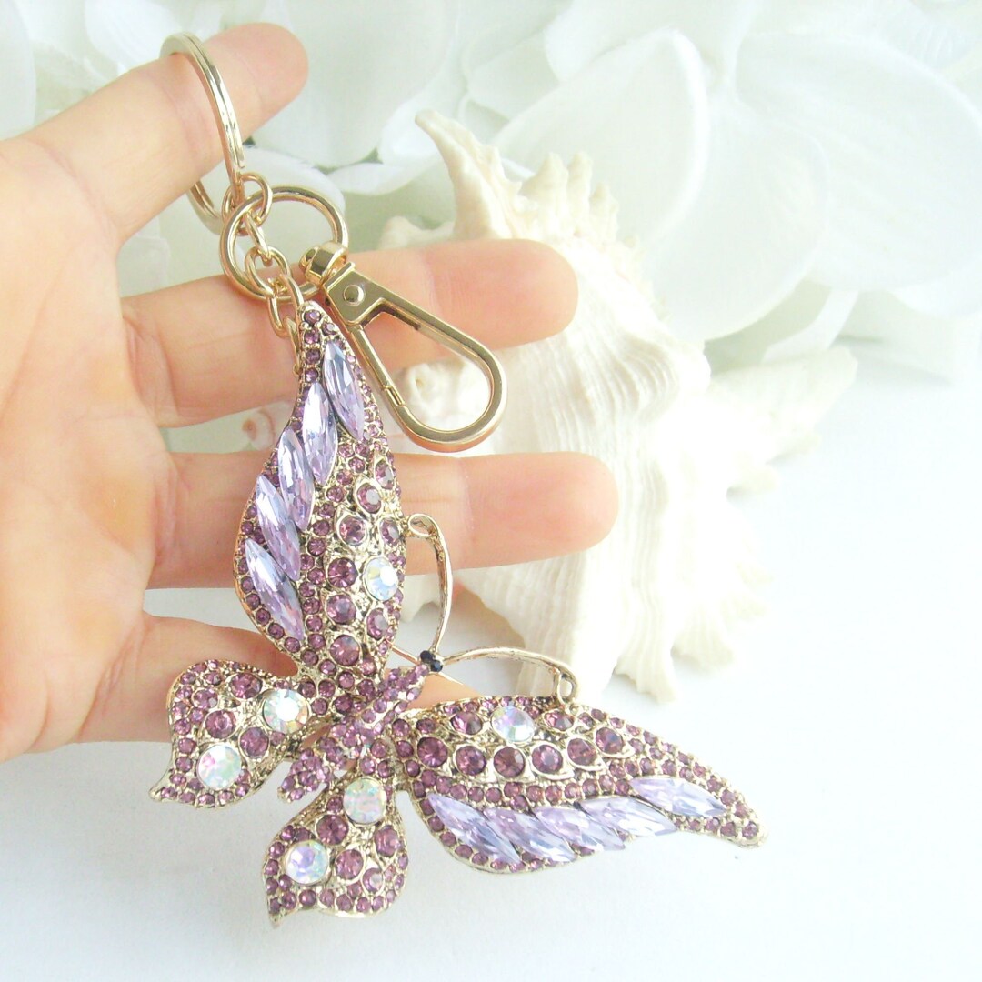 Purple Rhinestone Crystal Insect Key Chain Butterfly Key Holder Pendant ...