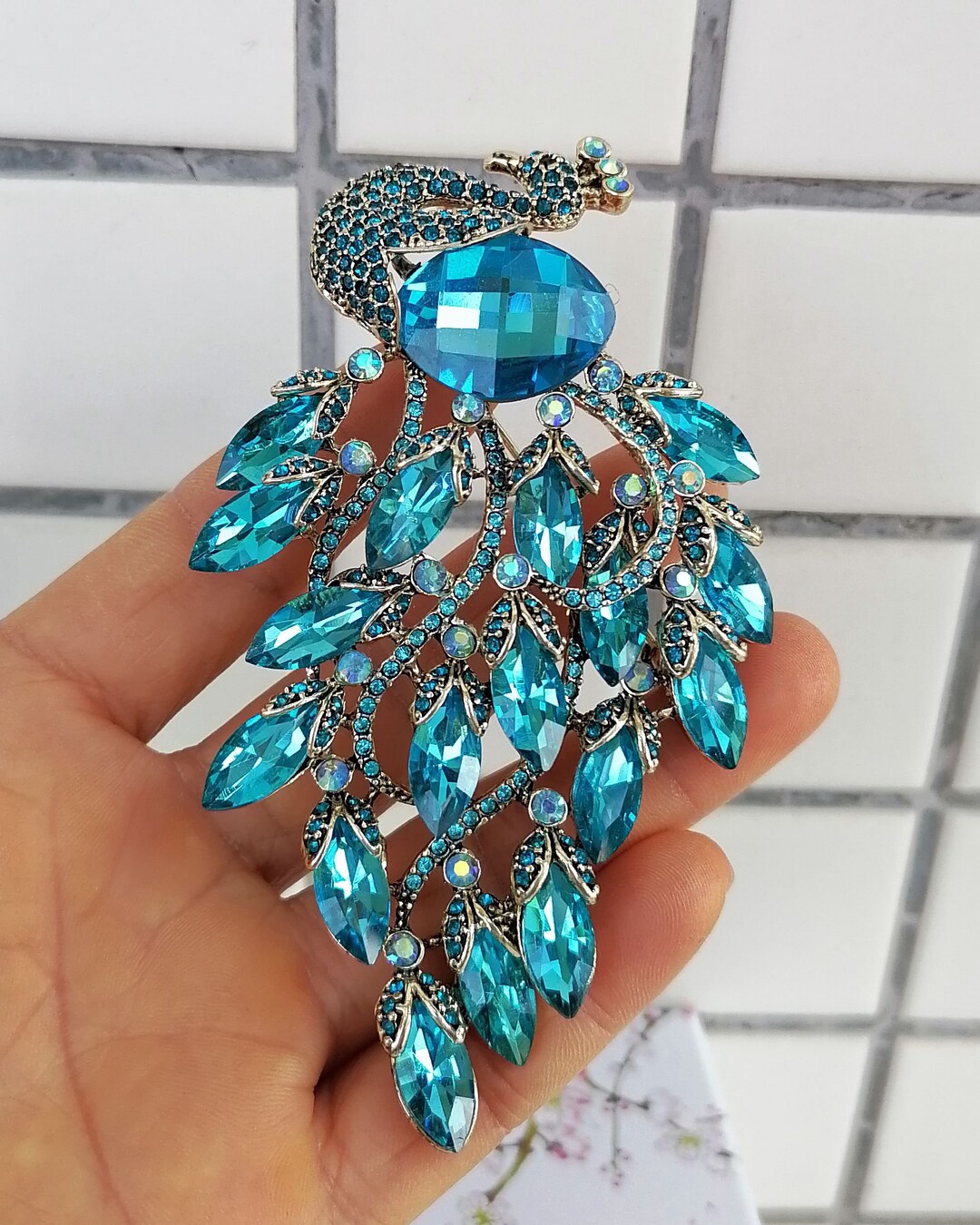Lake Blue Rhinestone Crystal Peacock Brooch Animal Bird Peafowl Pin ...