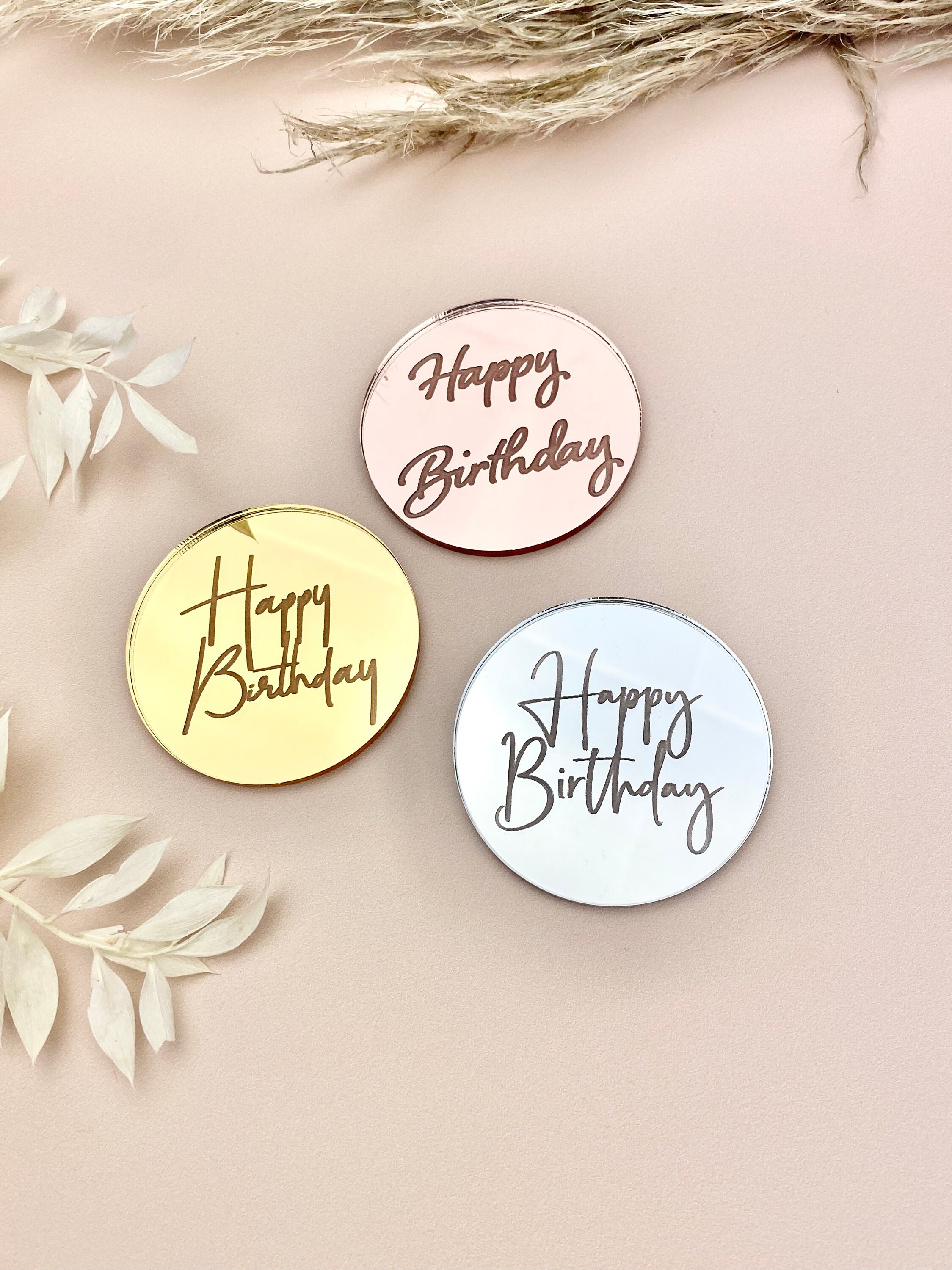 Happy Birthday Cake Disc Cupcake Toppers Mirror Acrylic Cake | Etsy UK