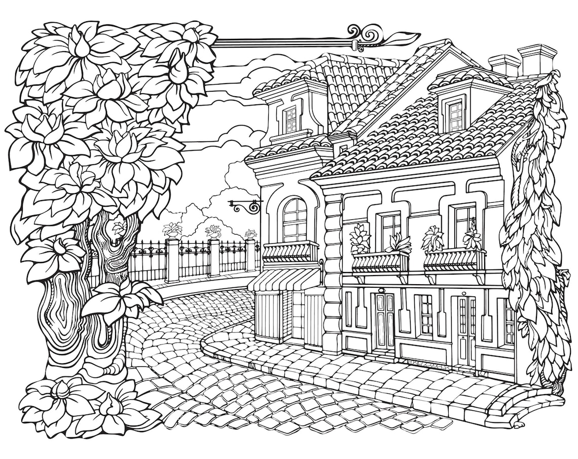 Little Cozy Town, Coloring Page, Printable Adult Coloring Books PDF ...
