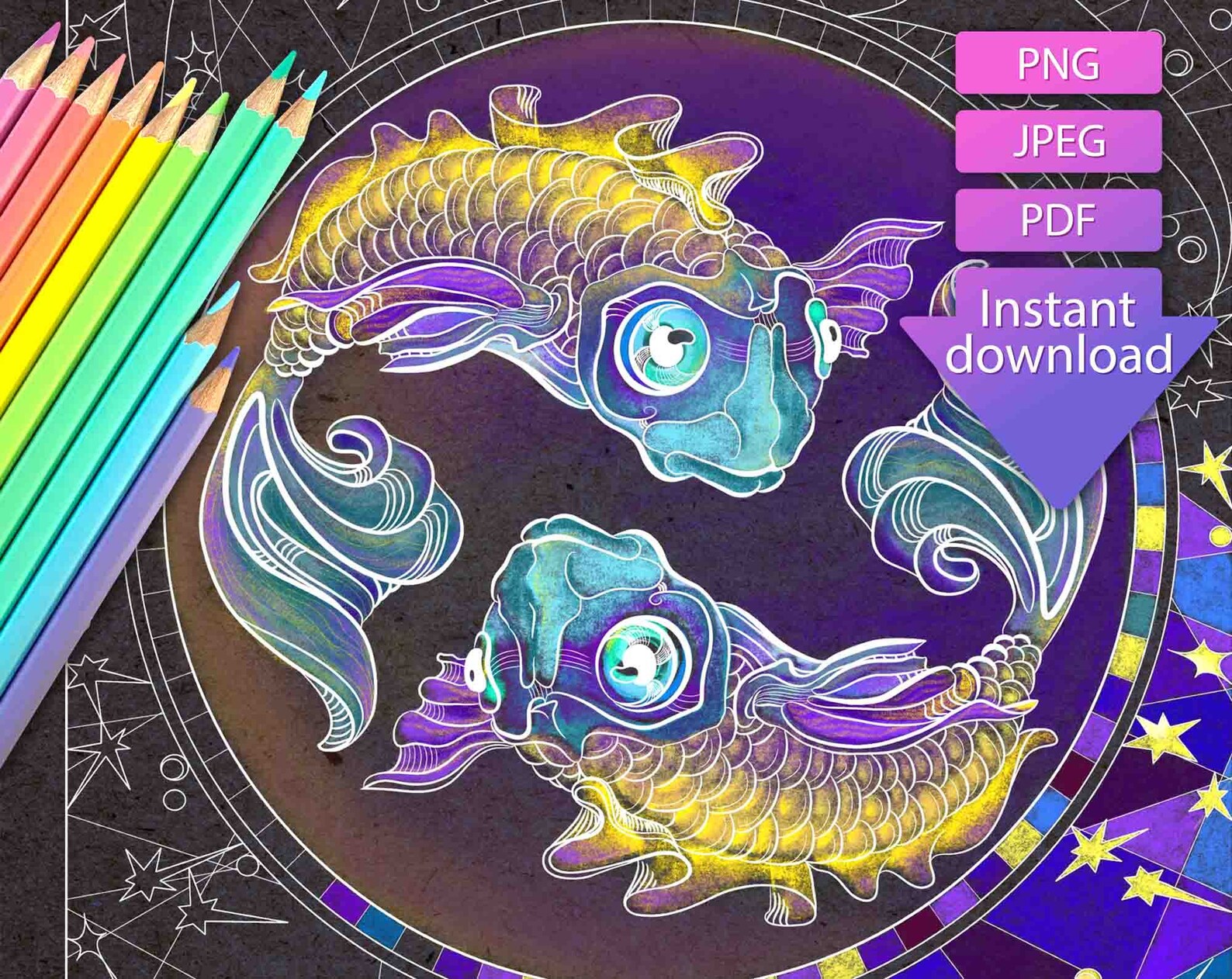 Pisces Zodiac Sign Printable Coloring Pages Adult. Astrology Gift ...