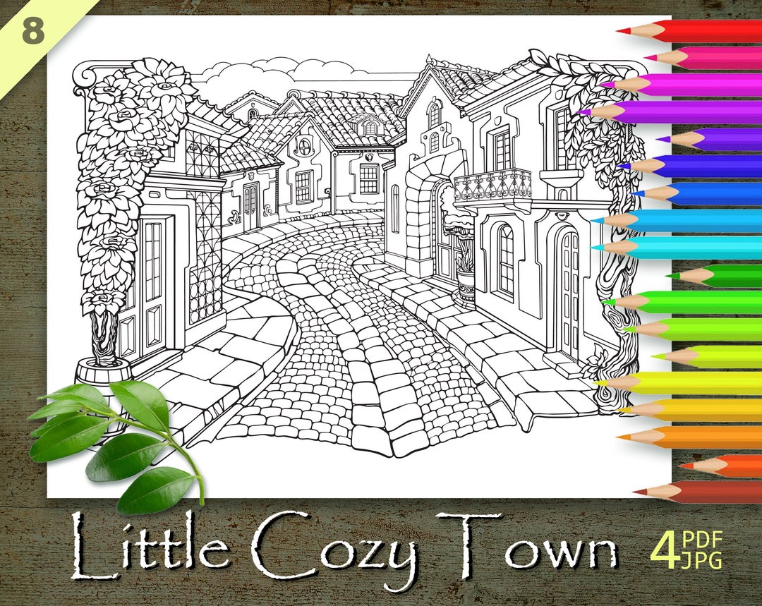 Little Cozy Town, Coloring Page, Printable Adult Coloring Books PDF ...