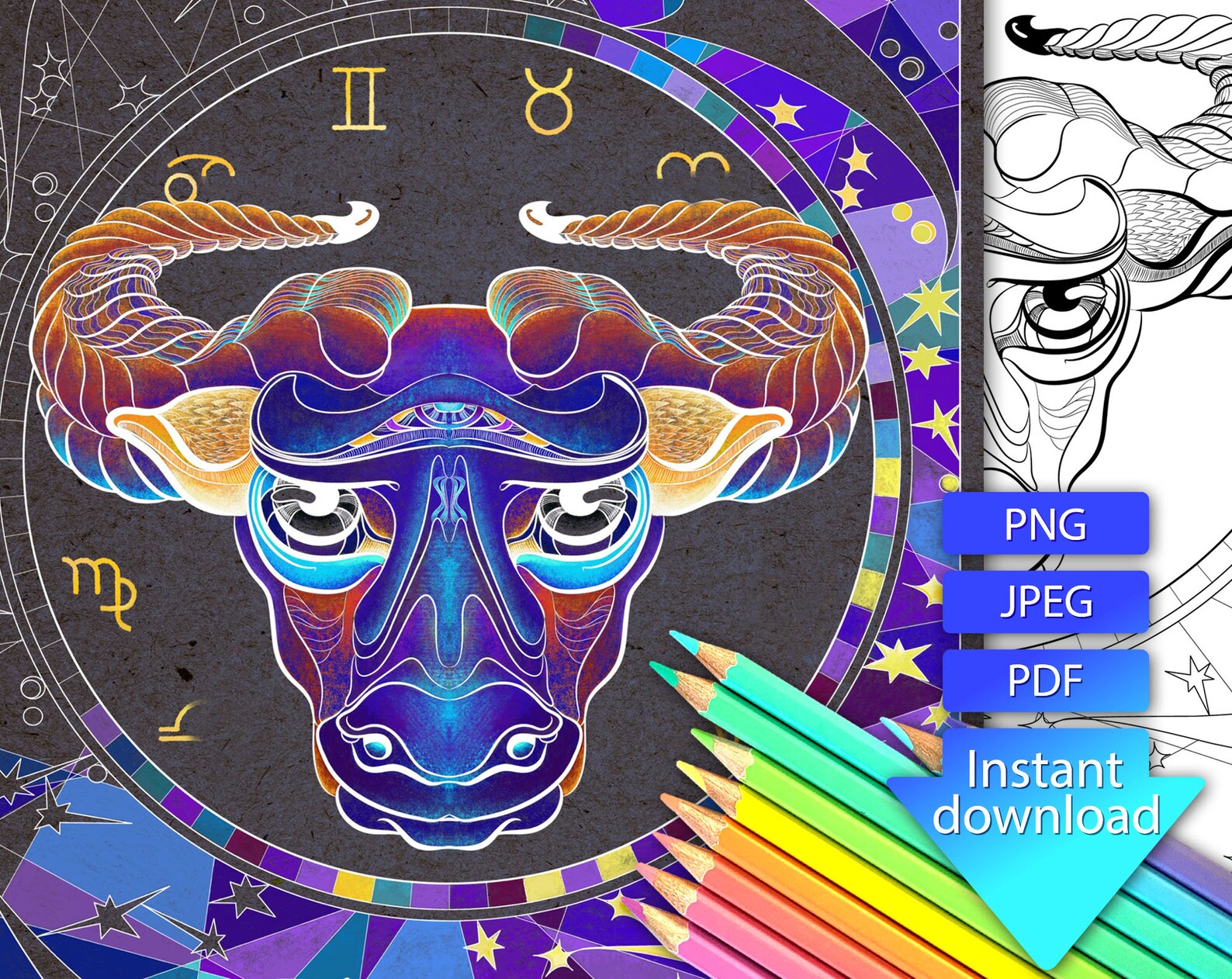 Taurus Zodiac Sign Printable Coloring Pages Adult. Astrology - Etsy Sweden