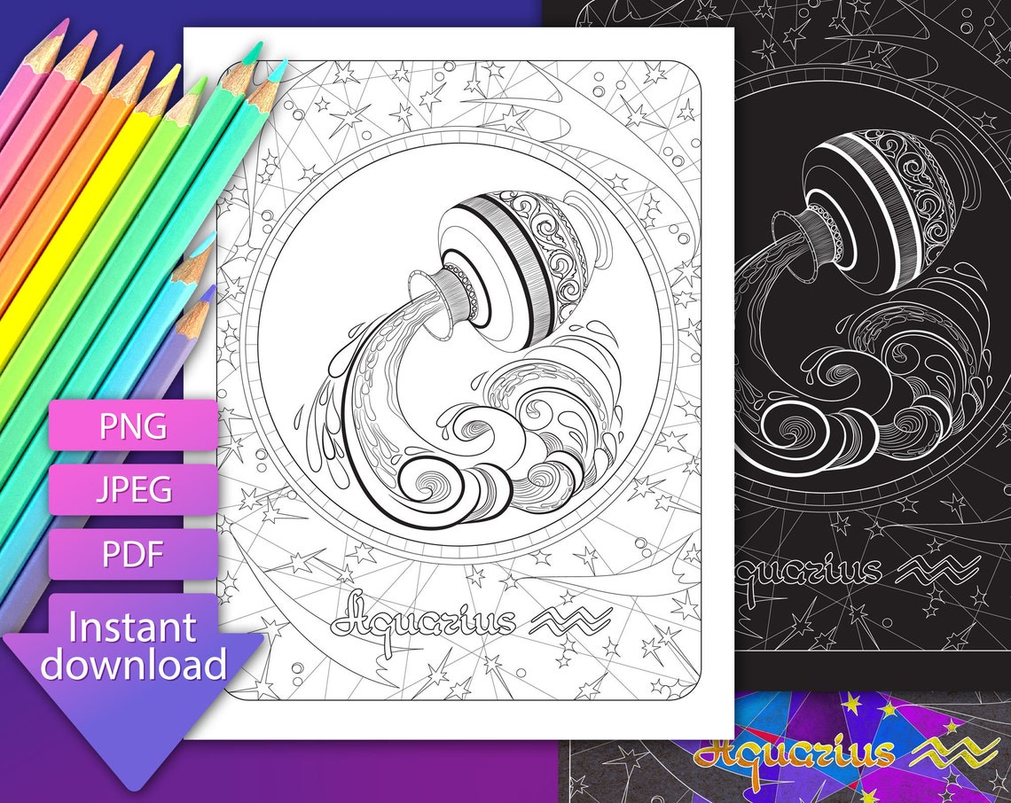 Aquarius Zodiac Sign Printable Coloring Pages Adult. Astrology Gift ...