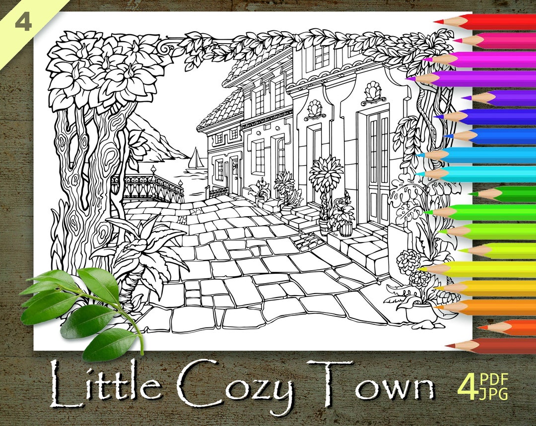 Little Cozy Town, Coloring Page, Printable Adult Coloring Books PDF ...