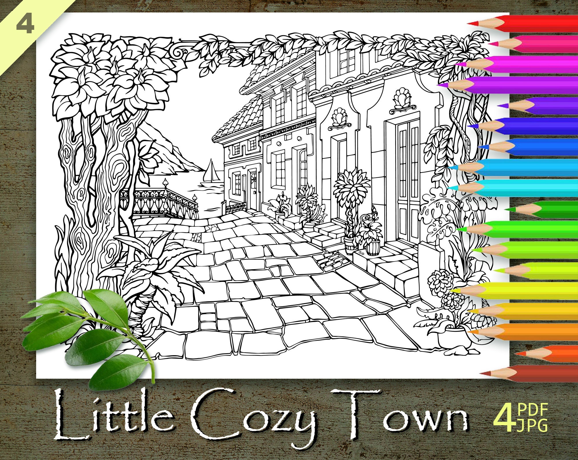 Little Cozy Town, Coloring Page, Printable Adult Coloring Books PDF ...