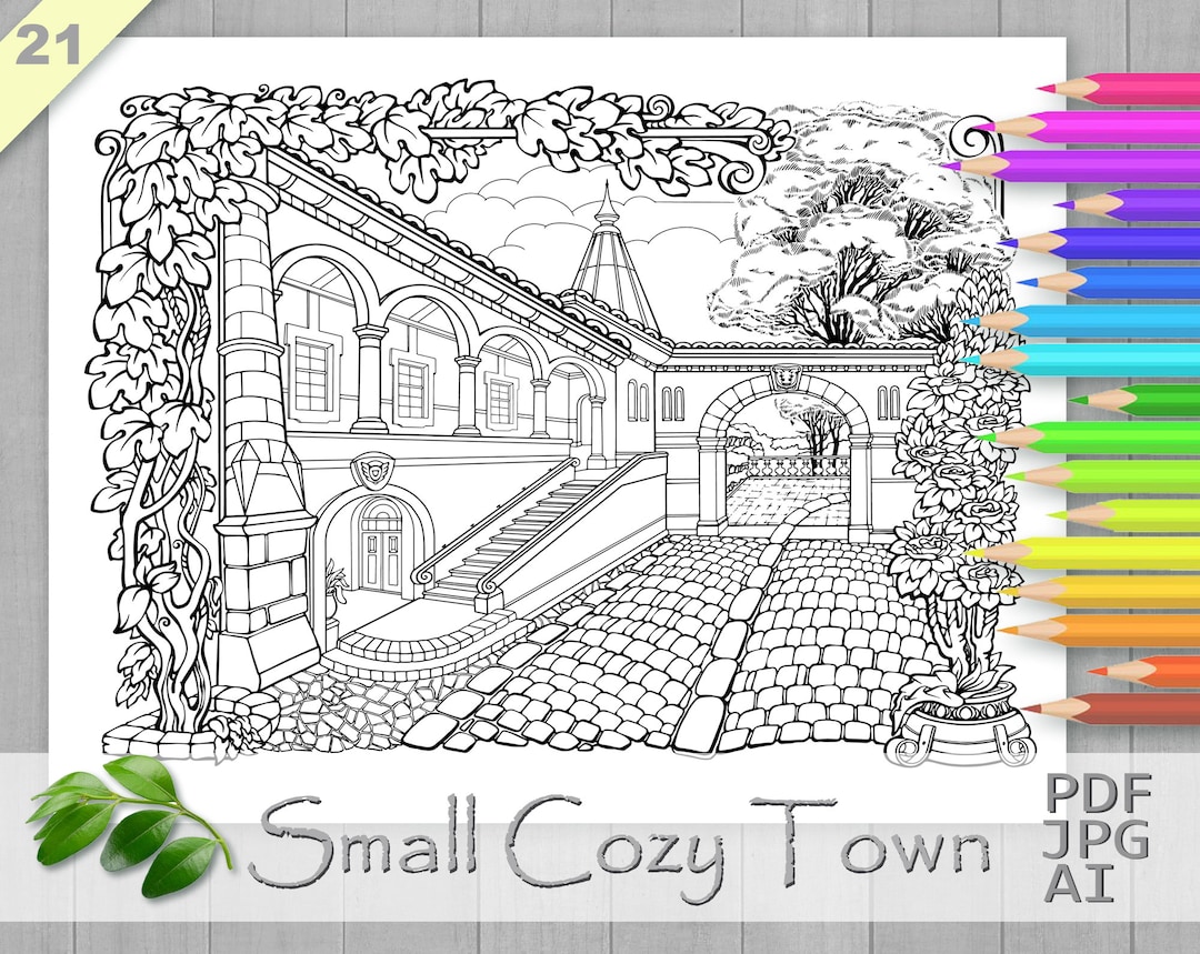 Small Cozy Town, Coloring Page, Printable Adult Coloring Books PDF ...