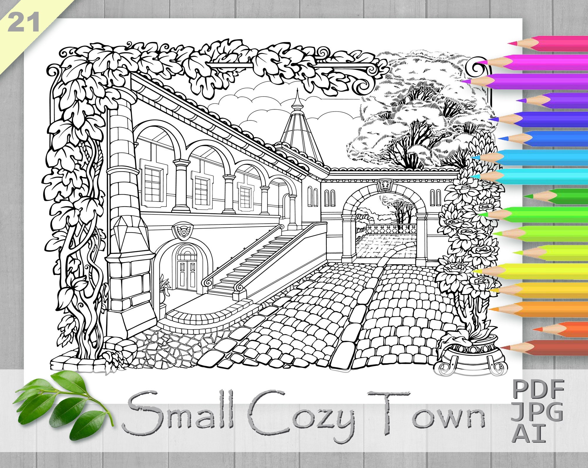 Small Cozy Town, Coloring Page, Printable Adult Coloring Books PDF ...