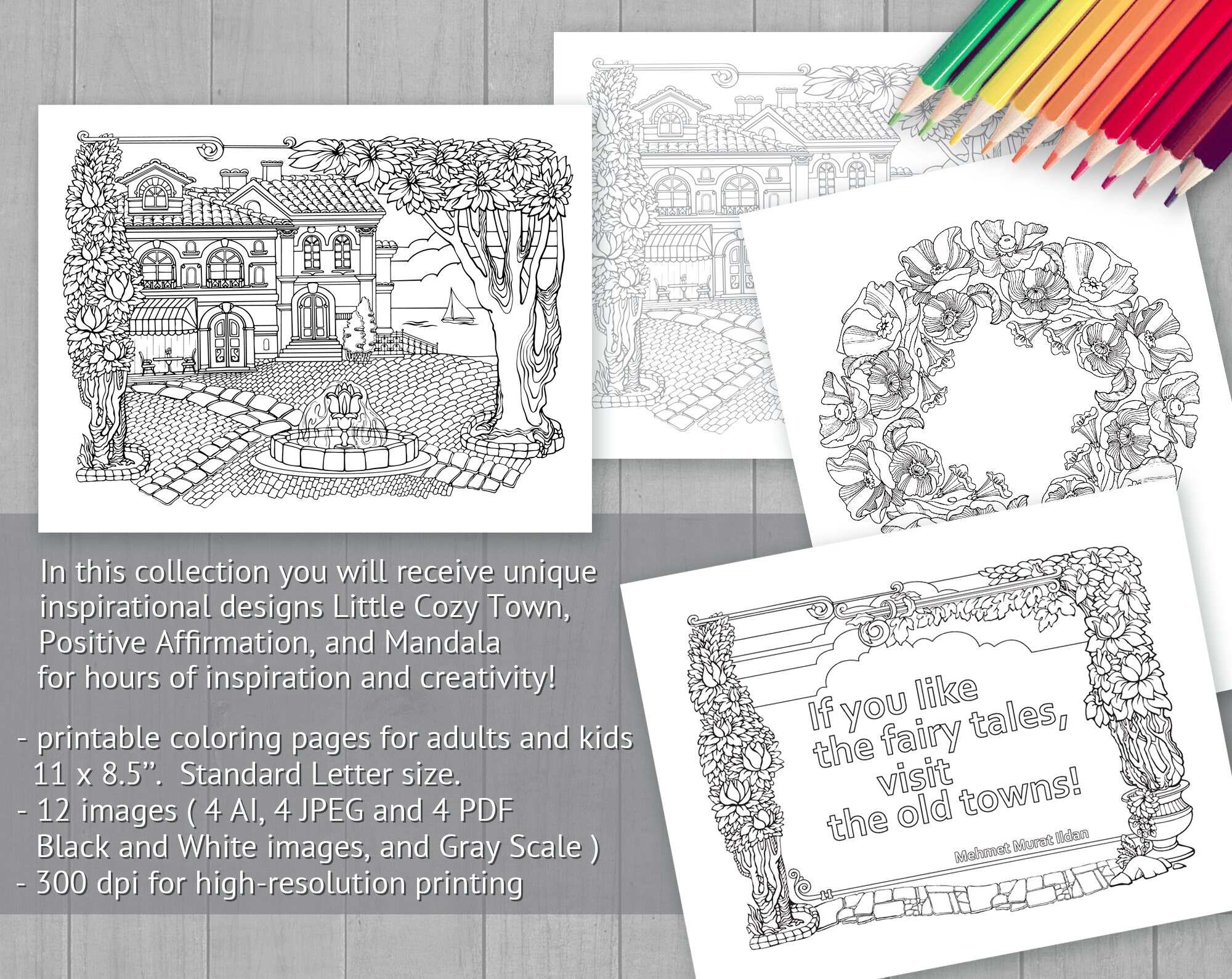 Little Cozy Town, Coloring Page, Printable Adult Coloring Books PDF ...