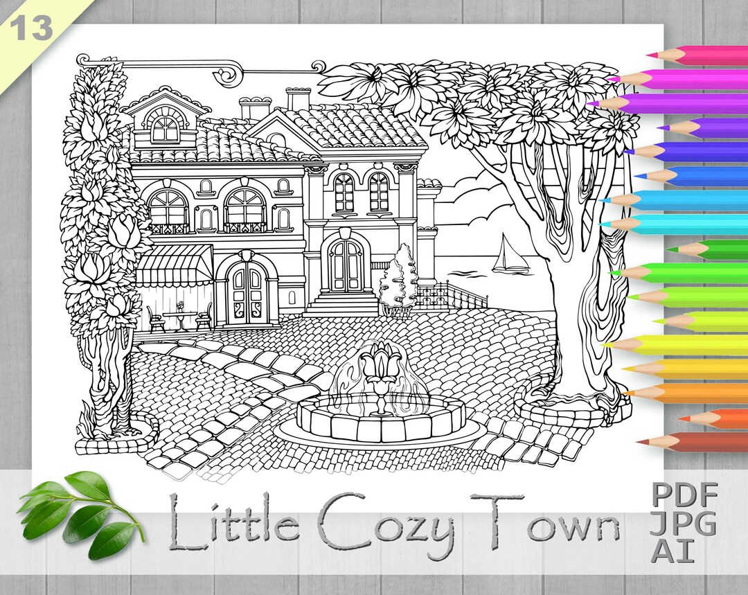 Little Cozy Town, Coloring Page, Printable Adult Coloring Books PDF ...