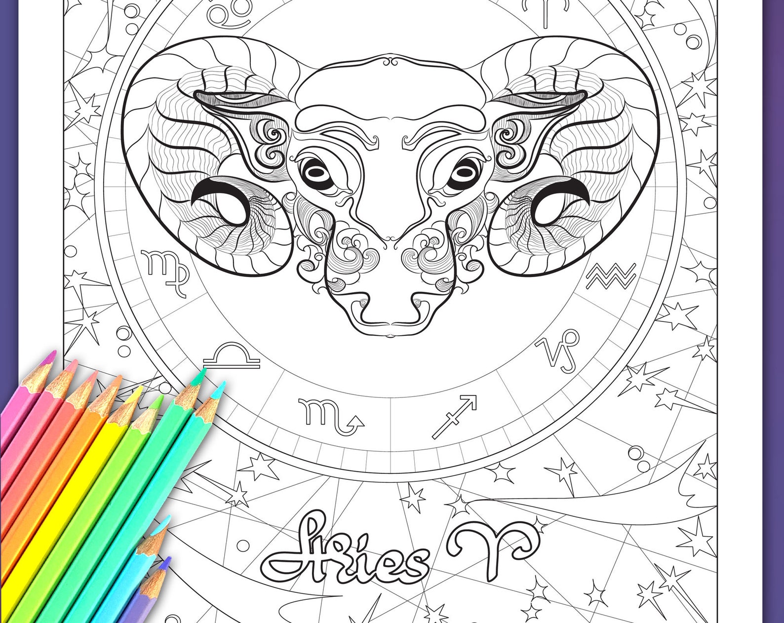 Aries Zodiac Sign Printable Coloring Pages Adult. Astrology Gift ...