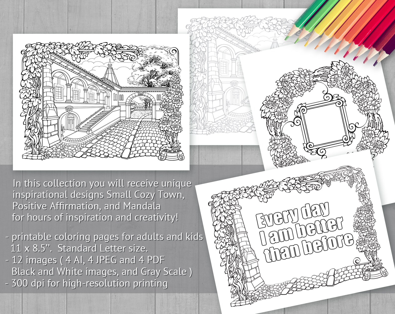 Small Cozy Town, Coloring Page, Printable Adult Coloring Books PDF ...