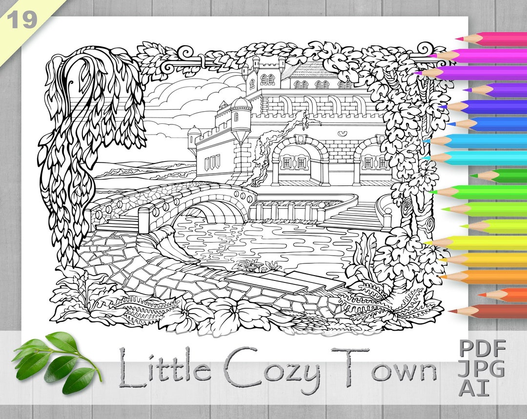 Little Cozy Town, Coloring Page, Printable Adult Coloring Books PDF ...