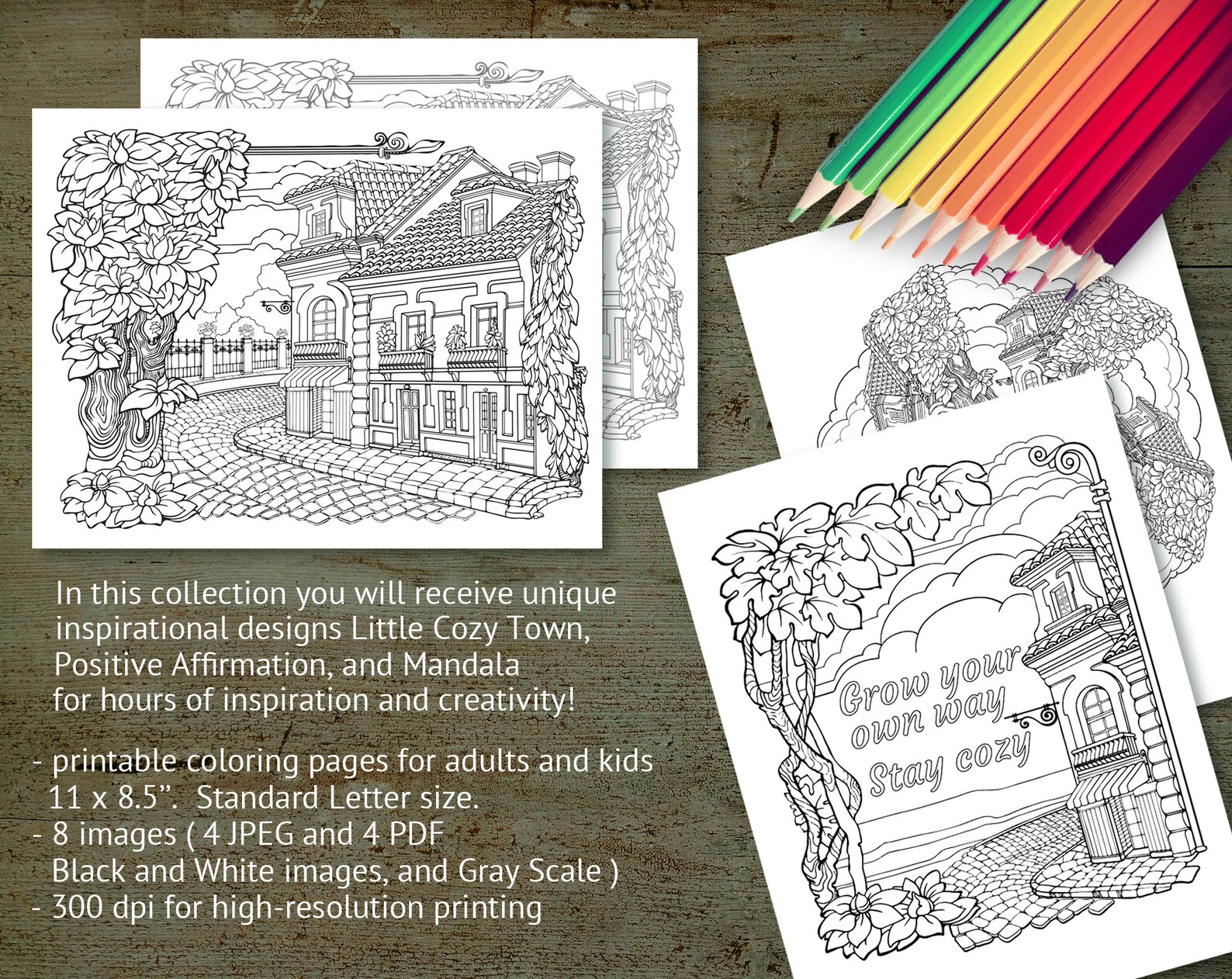 Little Cozy Town, Coloring Page, Printable Adult Coloring Books PDF ...