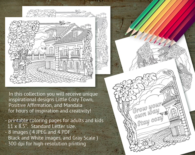 Little Cozy Town, Coloring Page, Printable Adult Coloring Books PDF ...